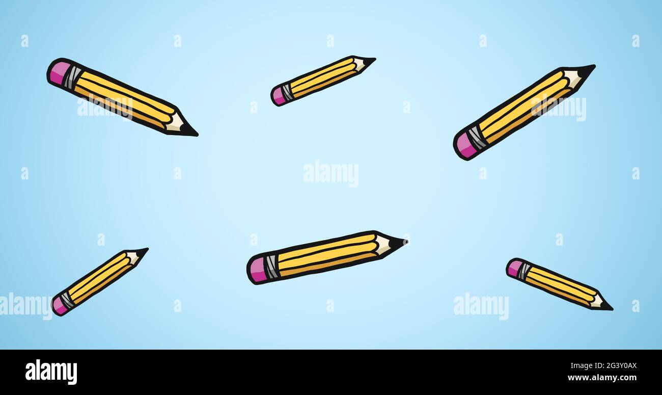 Composition of yellow pencils floating over pale blue background Stock ...