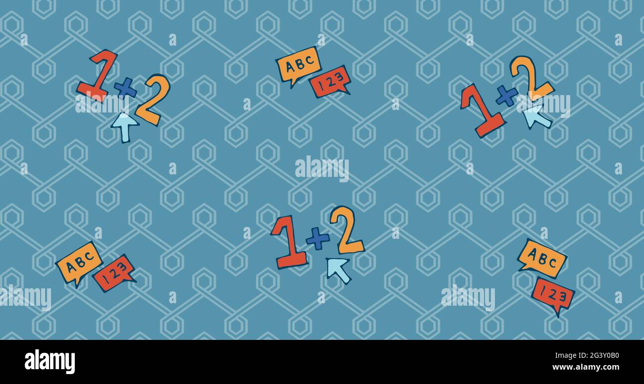 Composition of abc and 123 text in speech bubbles and 1 plus 2 with ...