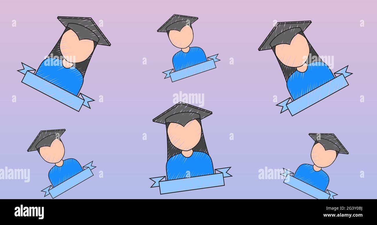 Composition of male and female student icons floating over yellow ...