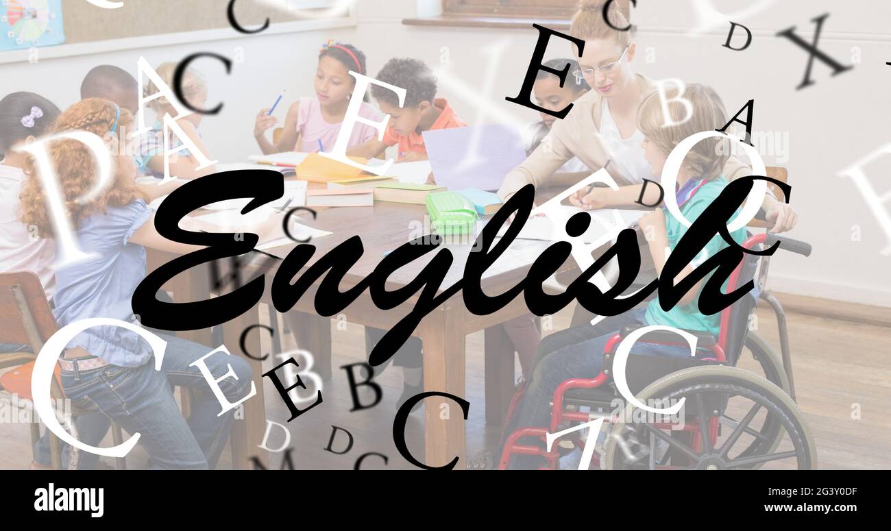 Composition of text english, with black and white floating letters ...