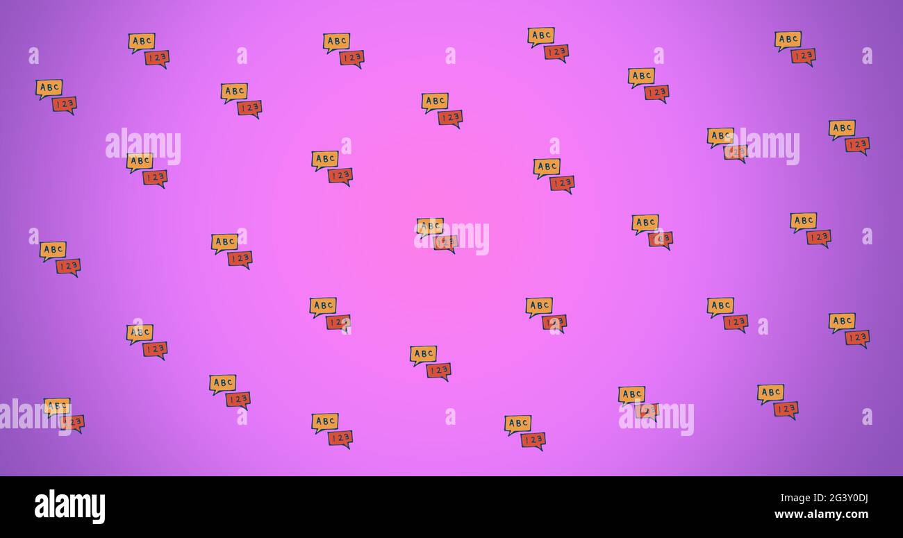 Composition of repeated abc and 123 text in speech bubbles over purple ...