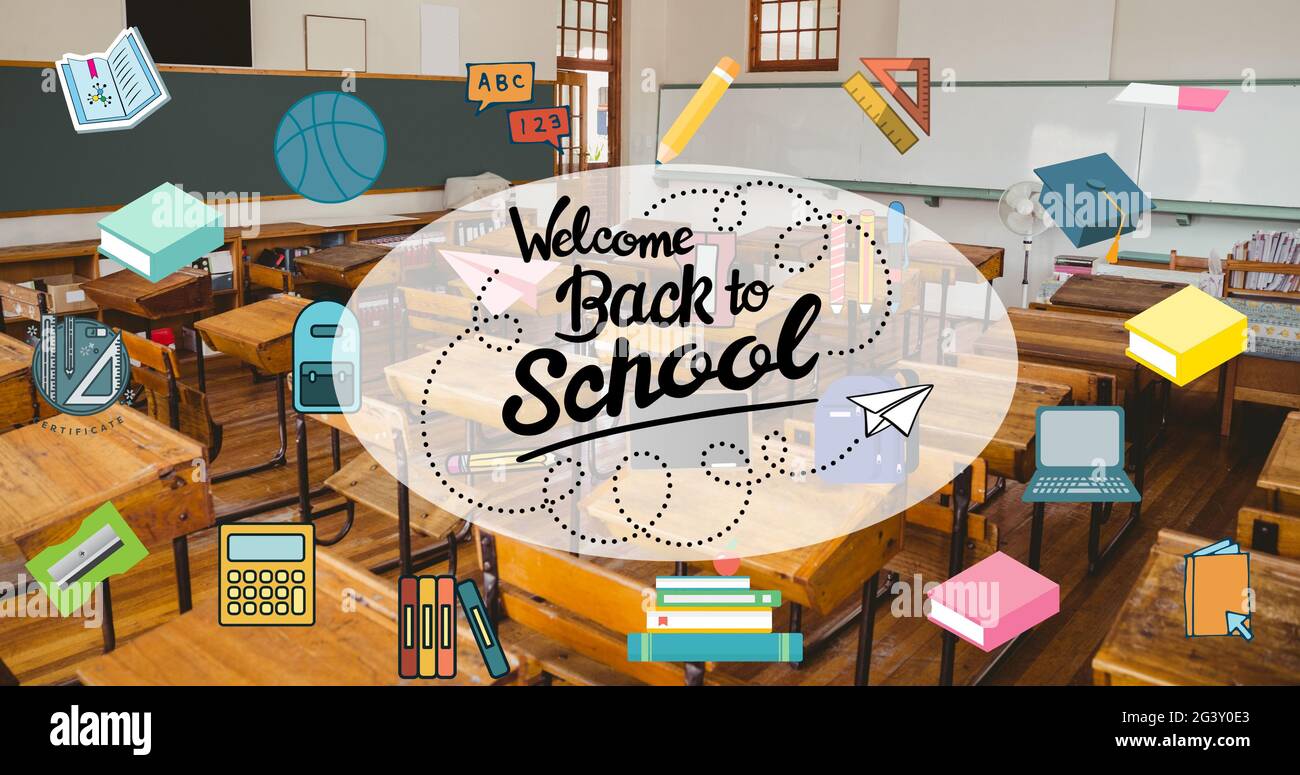 Composition of text welcome back to school with school equipment icons ...