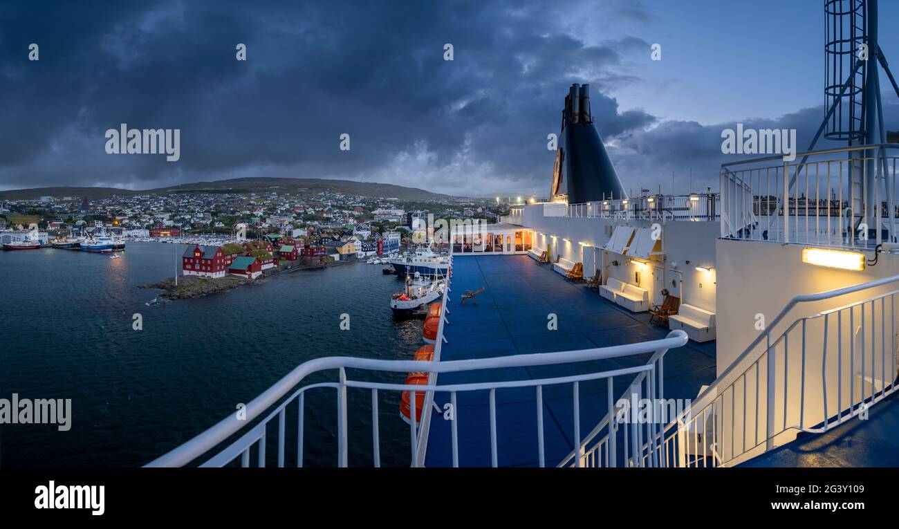 View of the capital Torshavn from ferry at night, Faroe Islands Stock ...