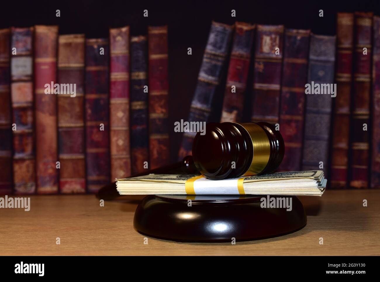 Judge hammer and bundles of dollars. Justice in courtroom. Mallet of ...