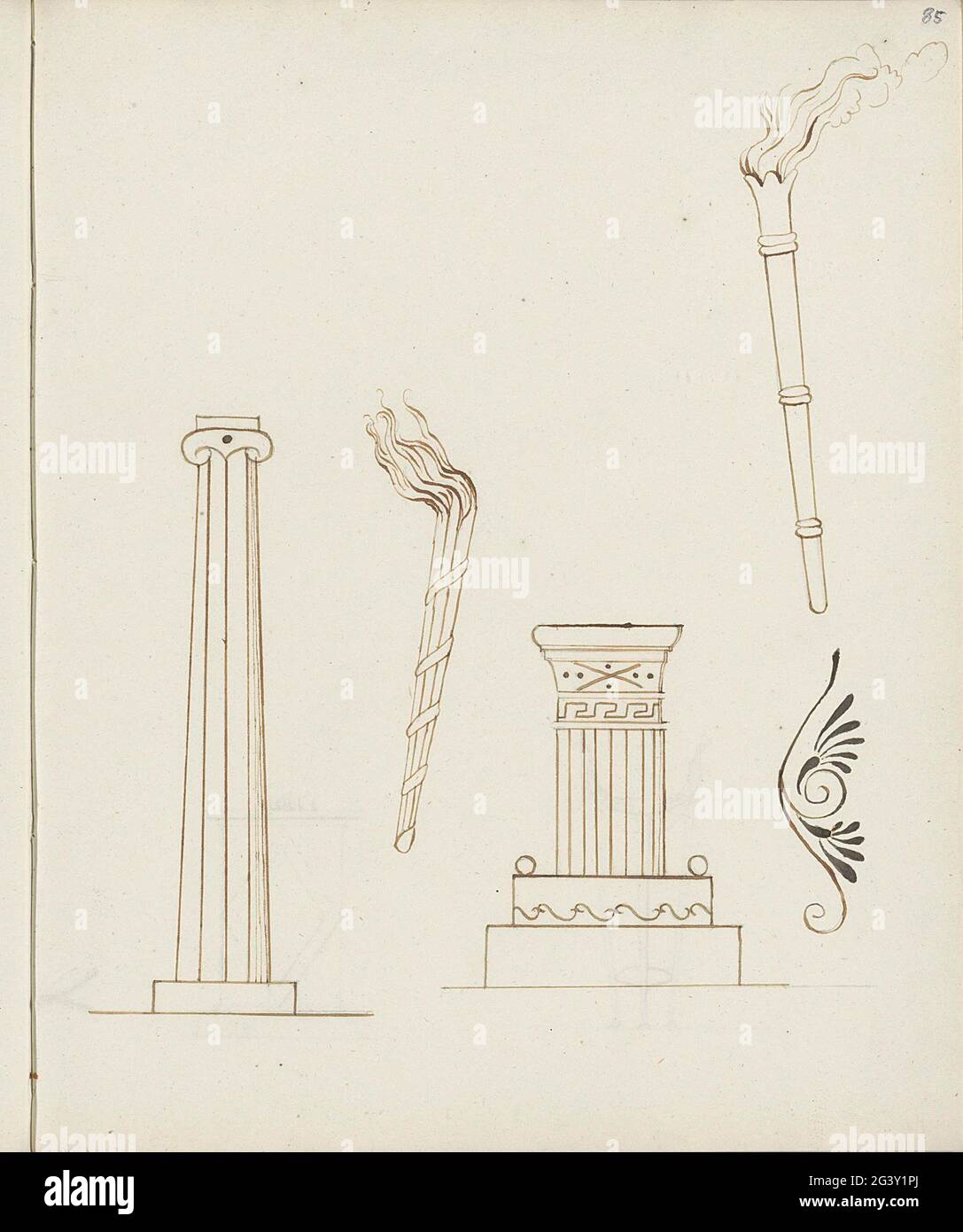 Ionian column, torches, a Greek altar and a floral motif. Leaf 85 Recto ...