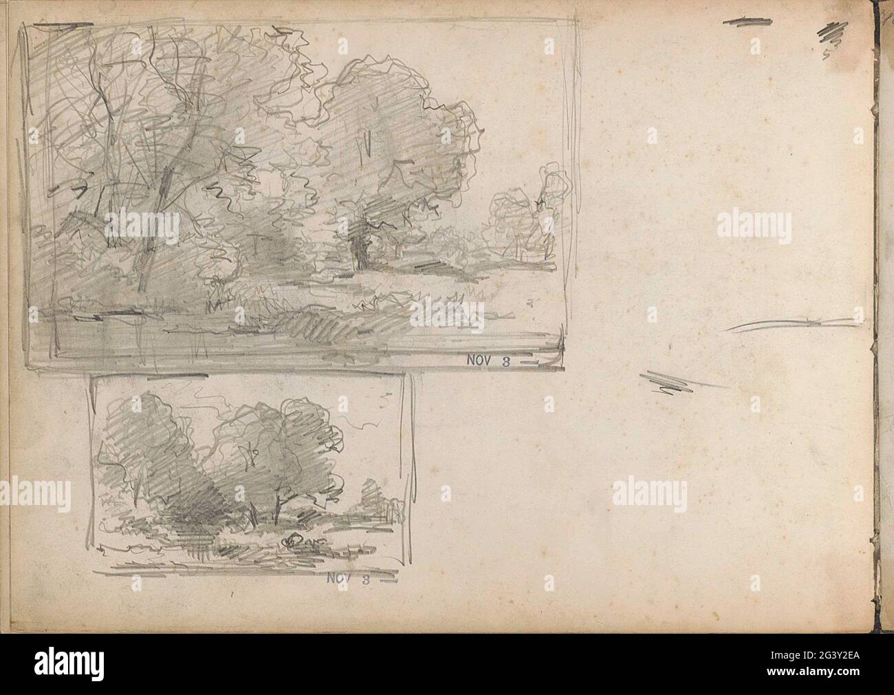 Landscapes with trees on a waterfront. Two drawings in frames. Leaf 25 ...