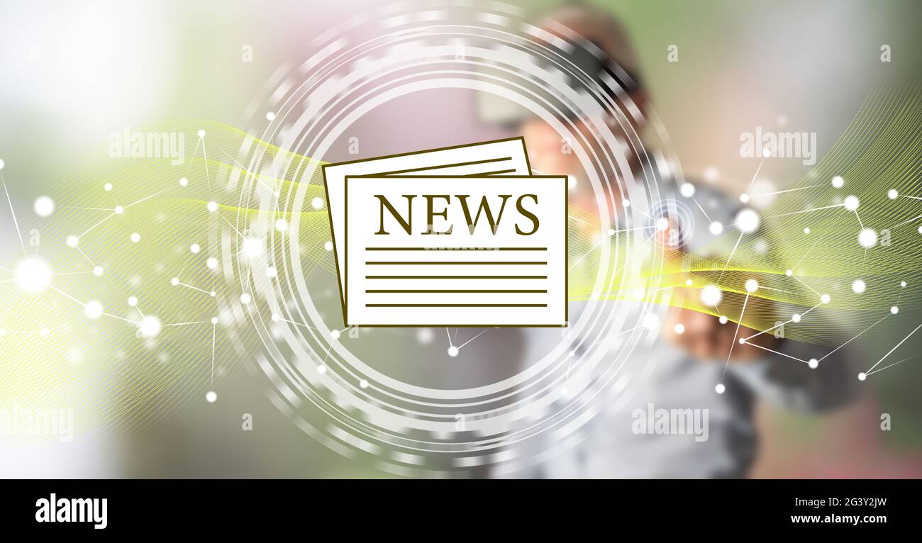 Man with vr headset touching a breaking news concept on a touch screen ...