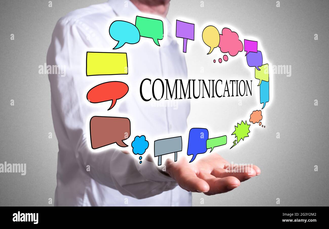 Communication concept levitating above a human hand Stock Photo - Alamy