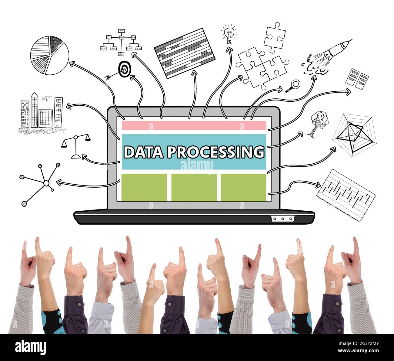 Data processing concept on white background pointed by several fingers ...