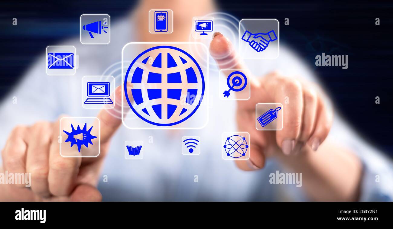 Woman touching a global marketing concept on a touch screen with her ...