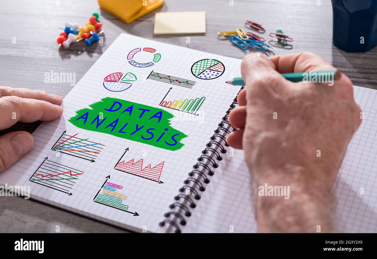 Hand drawing data analysis concept on a notepad Stock Photo - Alamy