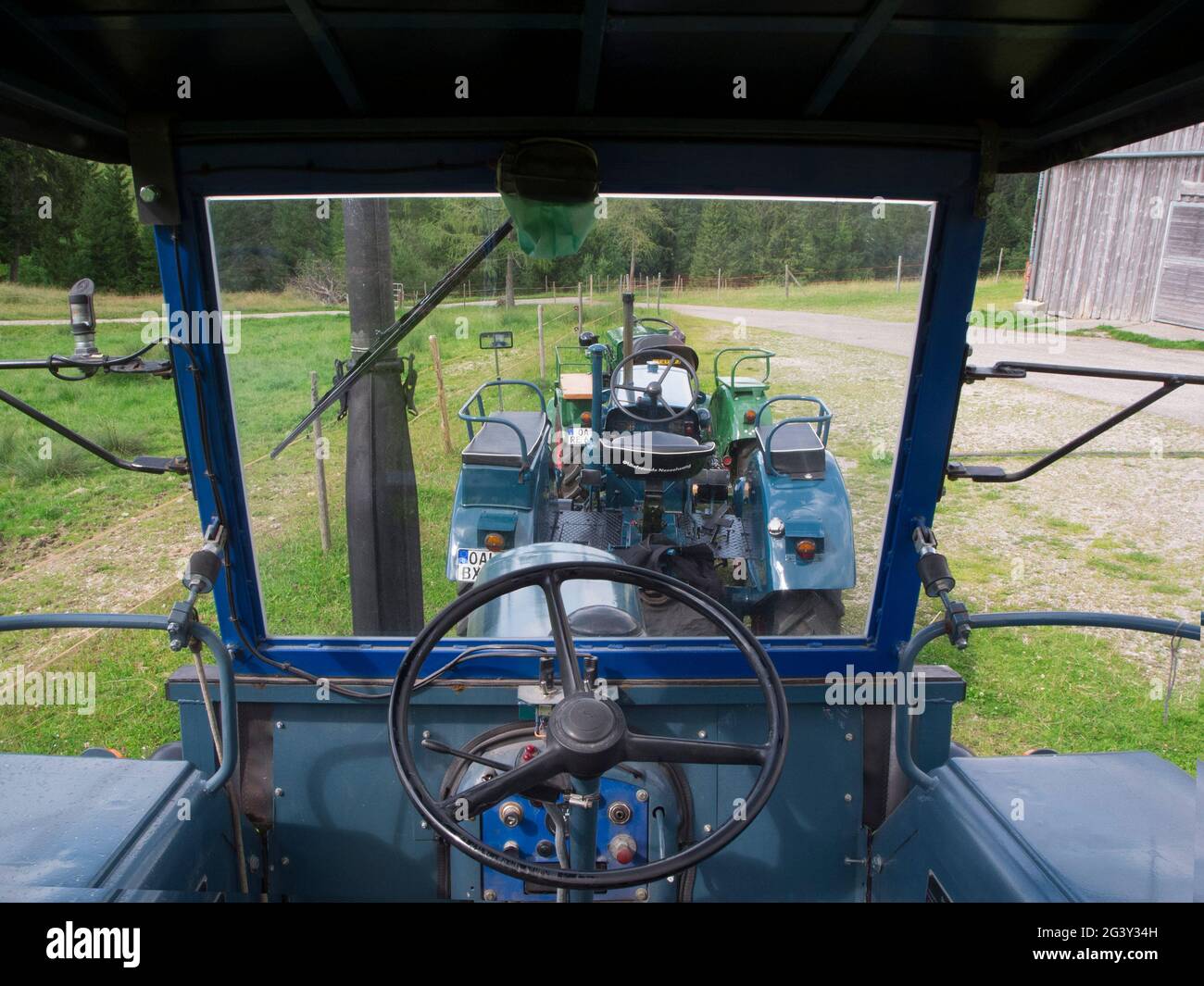Interior view with a view through the windshield of a restored old LANZ ...