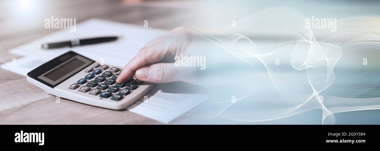 Male hand using calculator, accounting concept; panoramic banner Stock ...