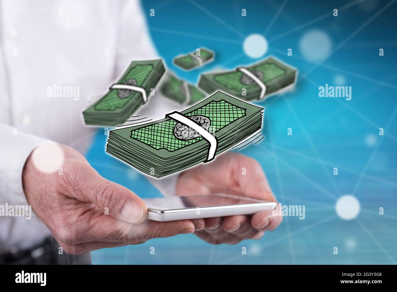 Money concept above a smartphone held by hands Stock Photo - Alamy