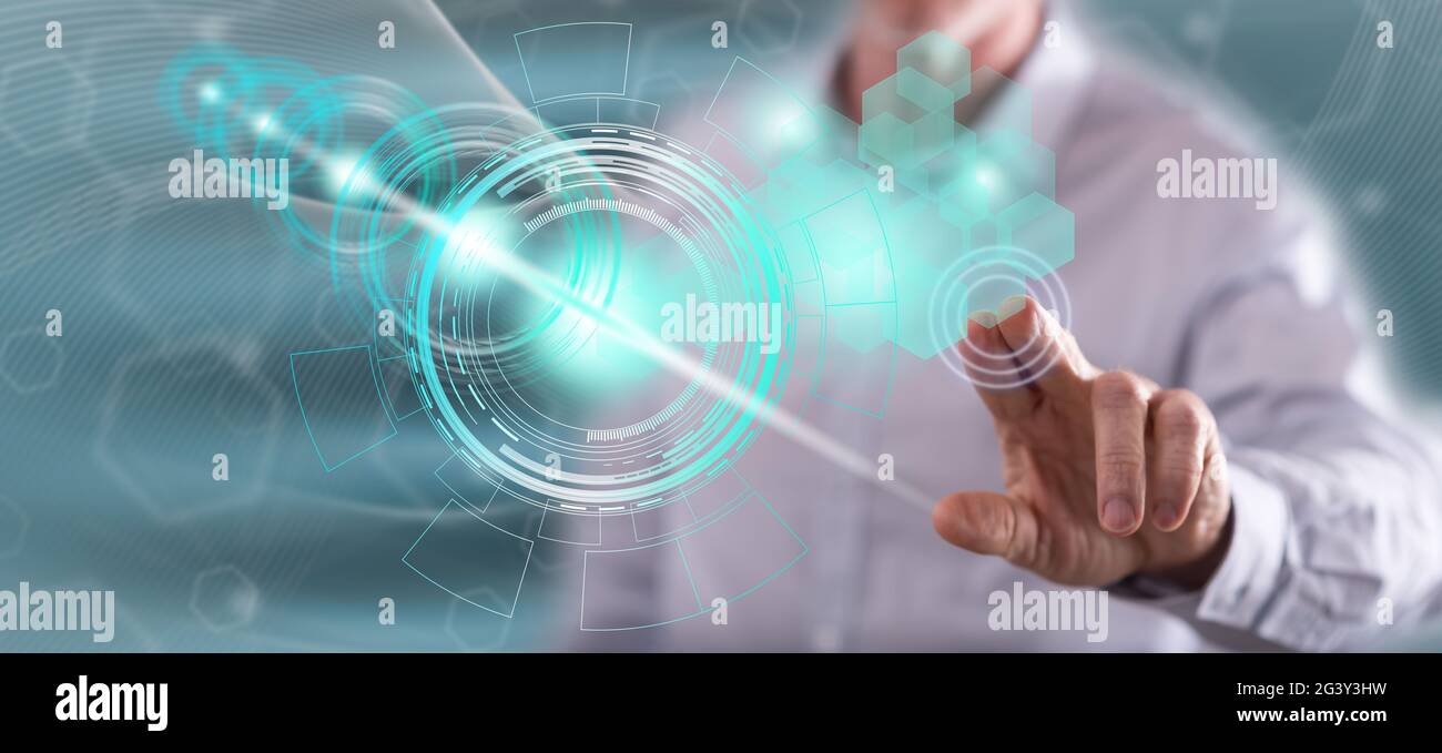 Man touching a technology concept on a touch screen with his finger ...