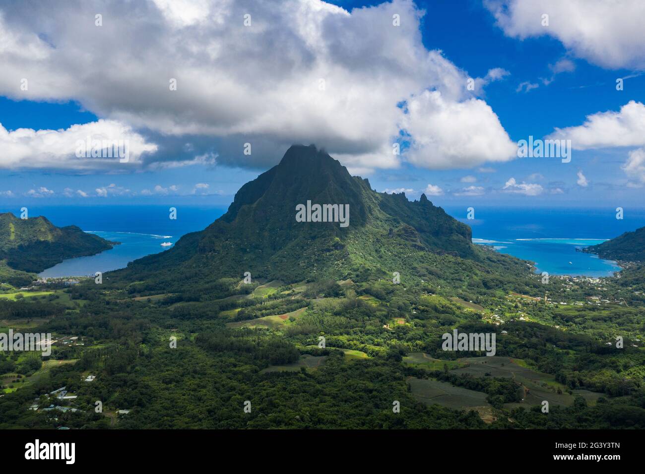 Aerial view of Opunohu Bay (left) and Cook's Bay (right) seen from ...