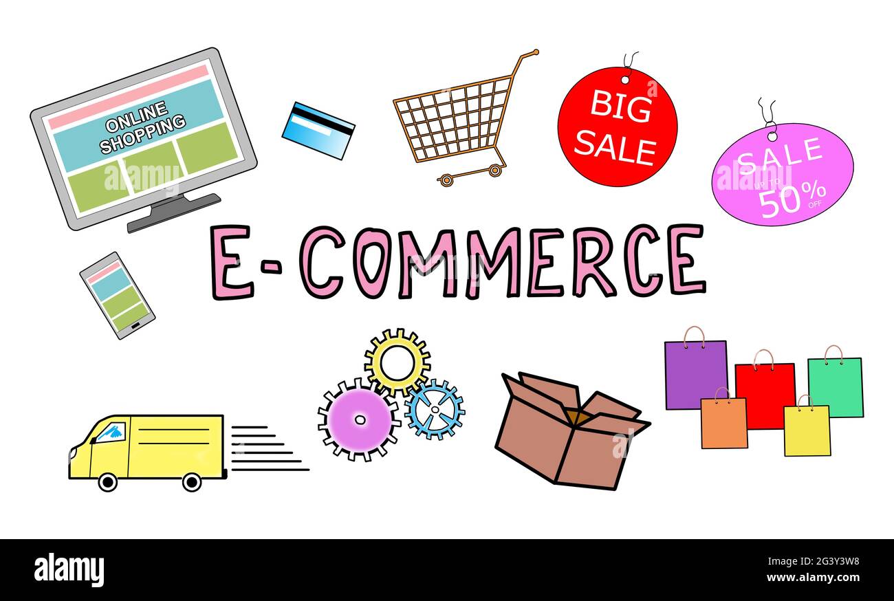 E-commerce concept drawn on a white background Stock Photo - Alamy