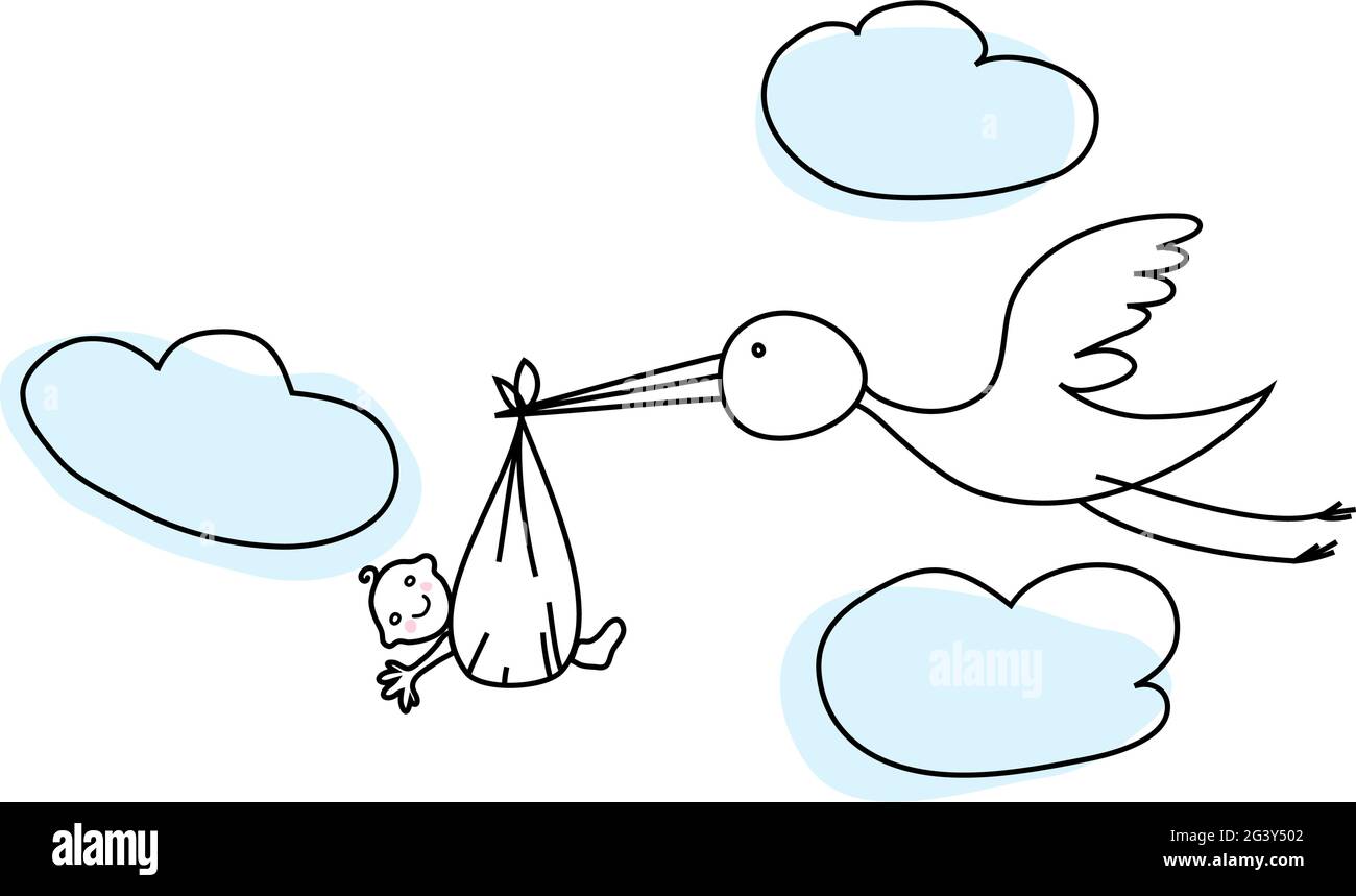 Doodle sketch stork with baby and color fill. Simple design suitable ...
