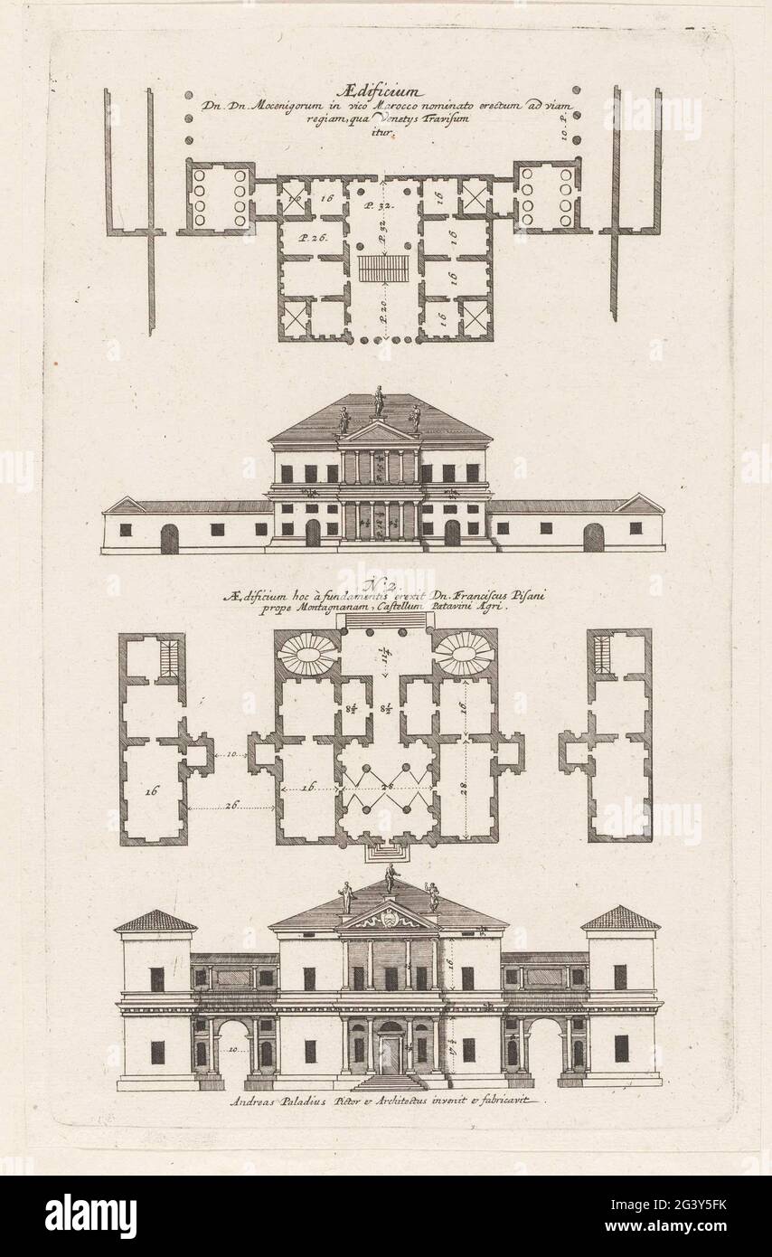 Floor plans and façades of two villas designed by Andrea Palladio ...