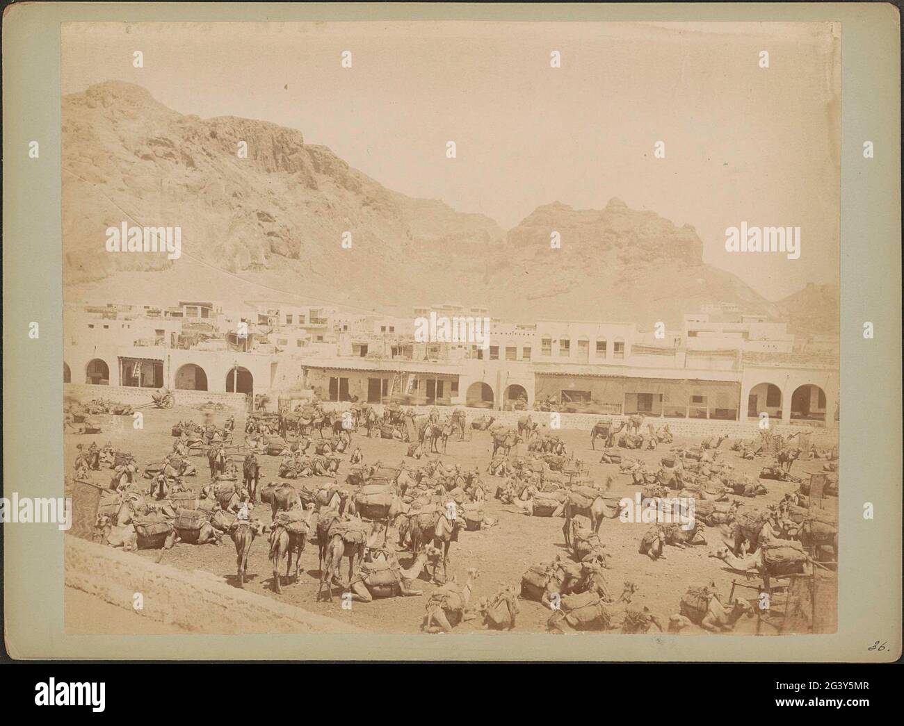 Karavanserai at the foot of mountains in Aden. Part of travel album with pictures of sights in ...