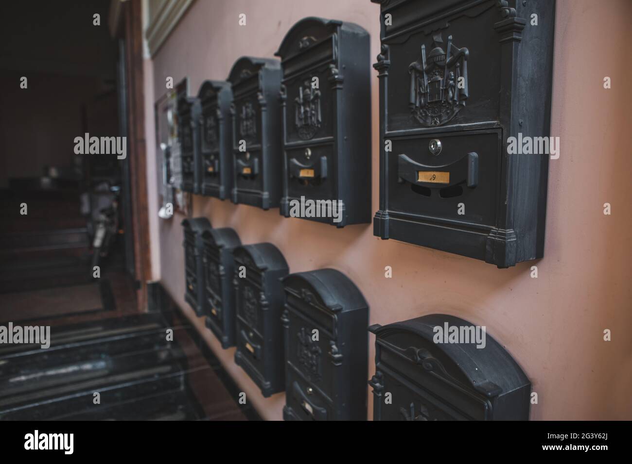 old retro mailboxes in the building copy space Stock Photo - Alamy
