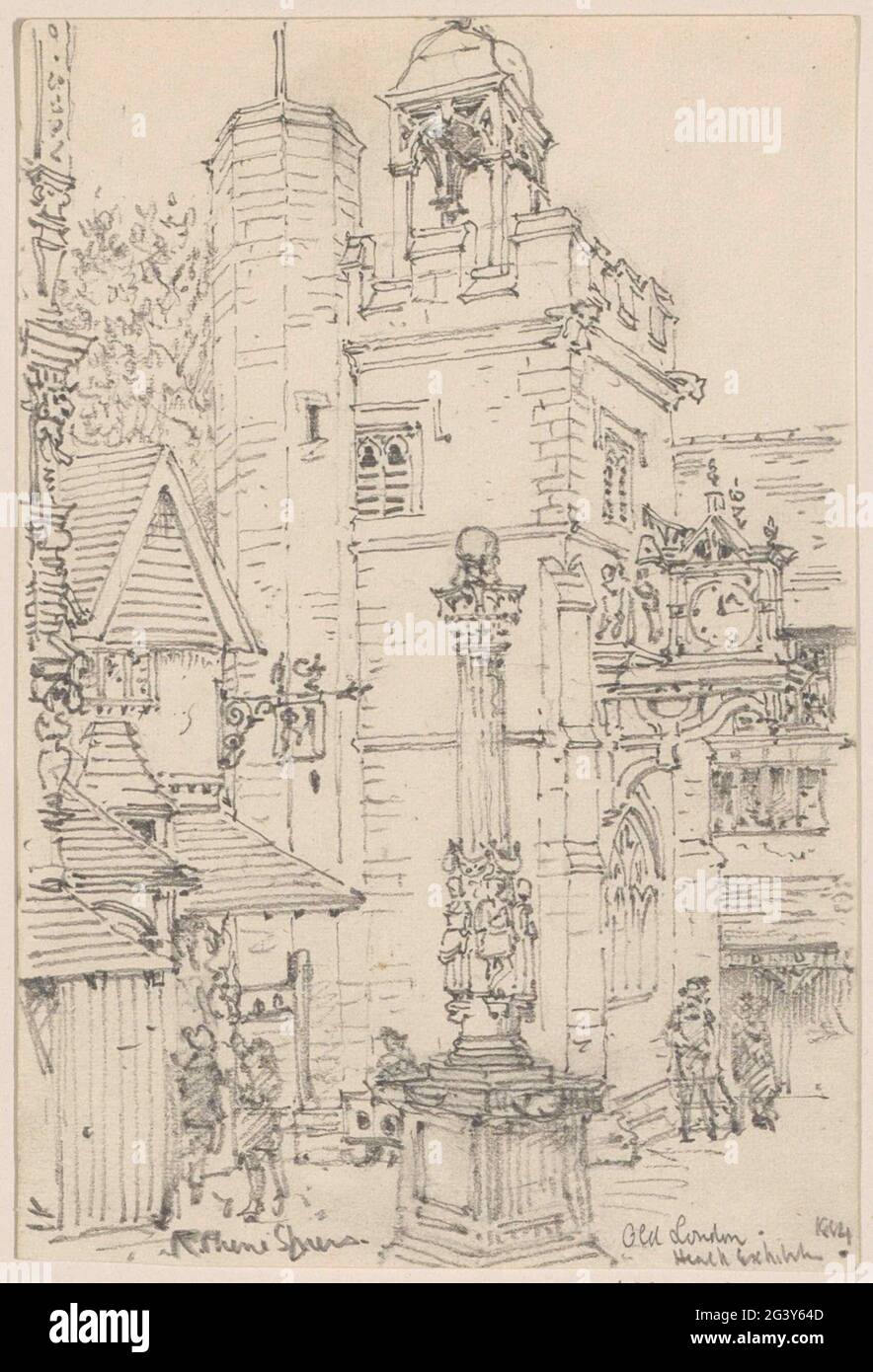 Square with column in London. Figures on a square in London with a bell ...