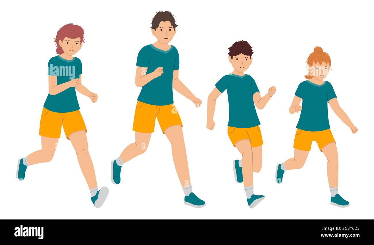 Happy running family, Father, mother, son and daughter run together ...