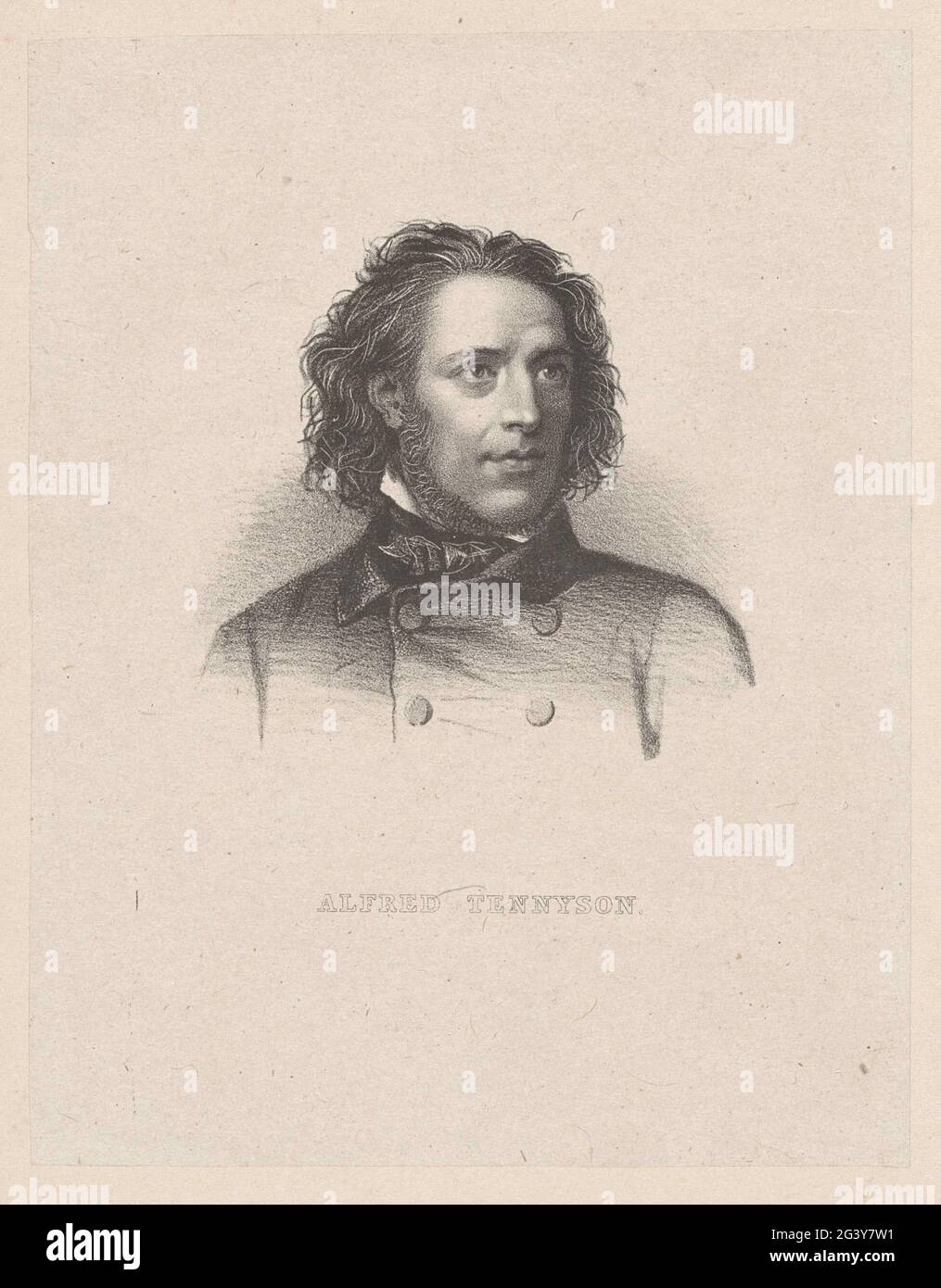 Portrait of the poet Alfred Tennyson. Under the portrait the name of ...