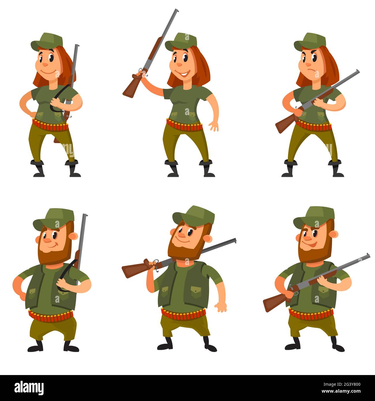 Set of hunters in different poses. Male and female characters in ...