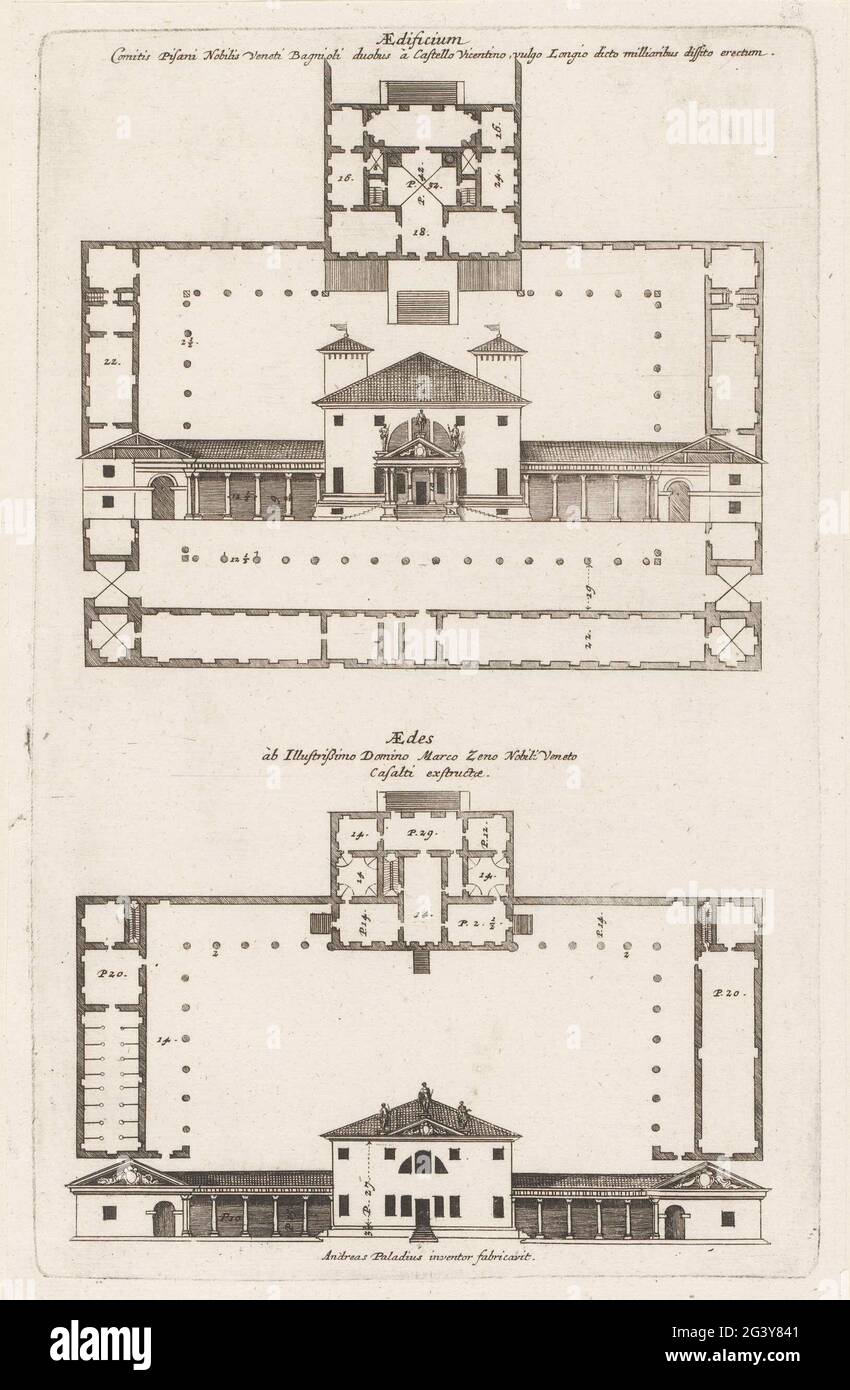 Floor plans and façades of two villas designed by Andrea Palladio ...