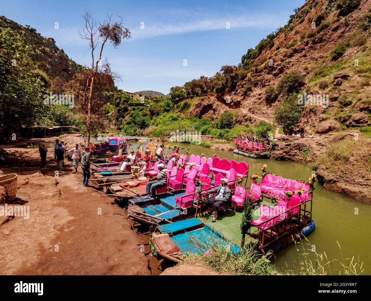 Colourful Boats by the Ouzoud Falls, waterfall located near the Middle ...