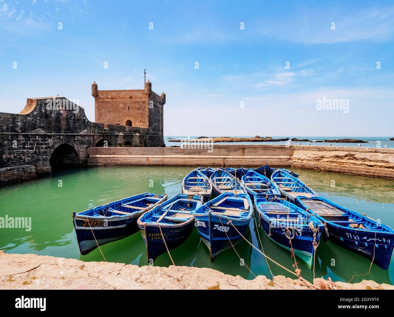 Blue Boats in the Scala Harbour and the Citadel, Essaouira, Marrakesh ...