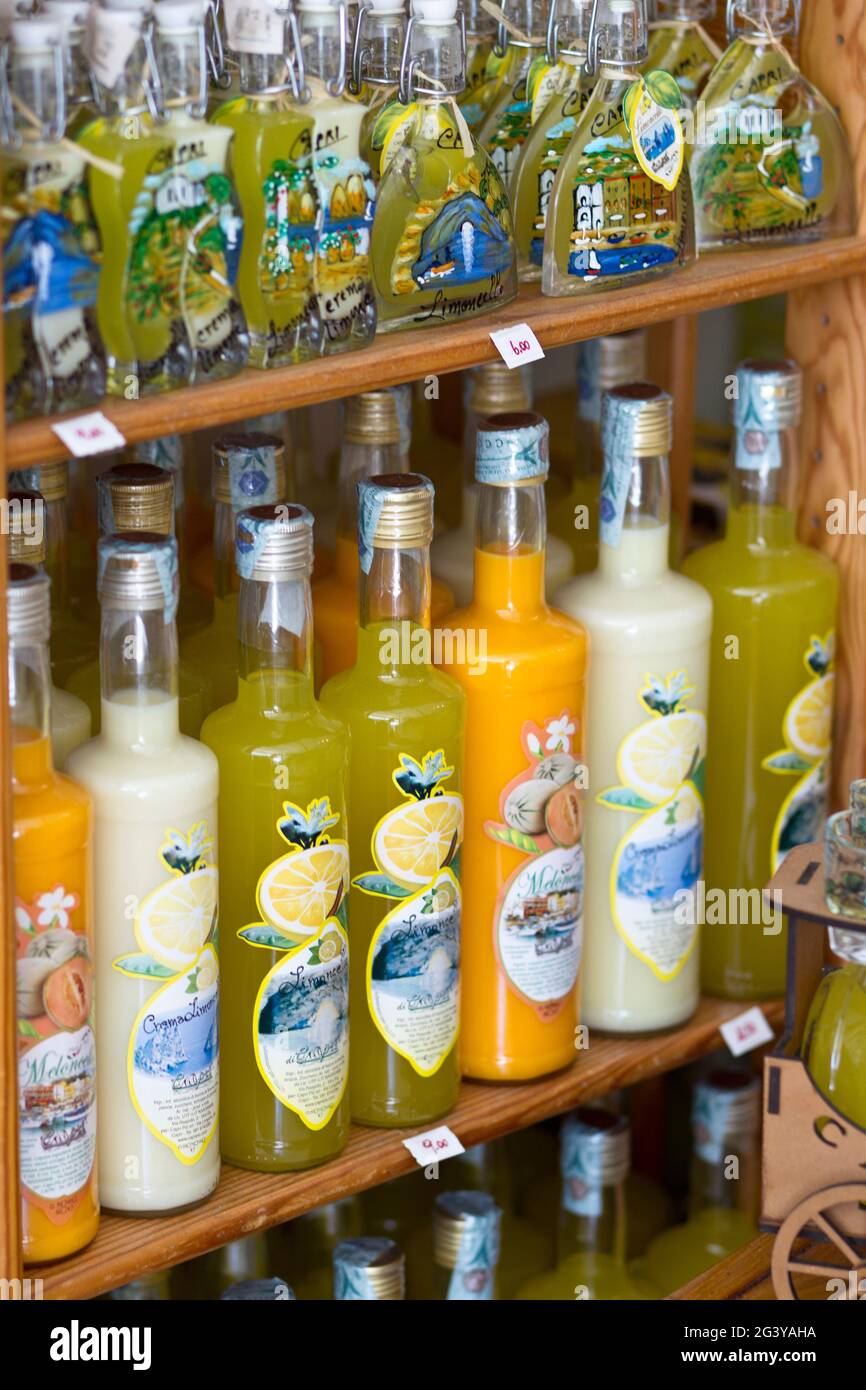Detail of bottles Limoncello in Capri, Italy Stock Photo - Alamy