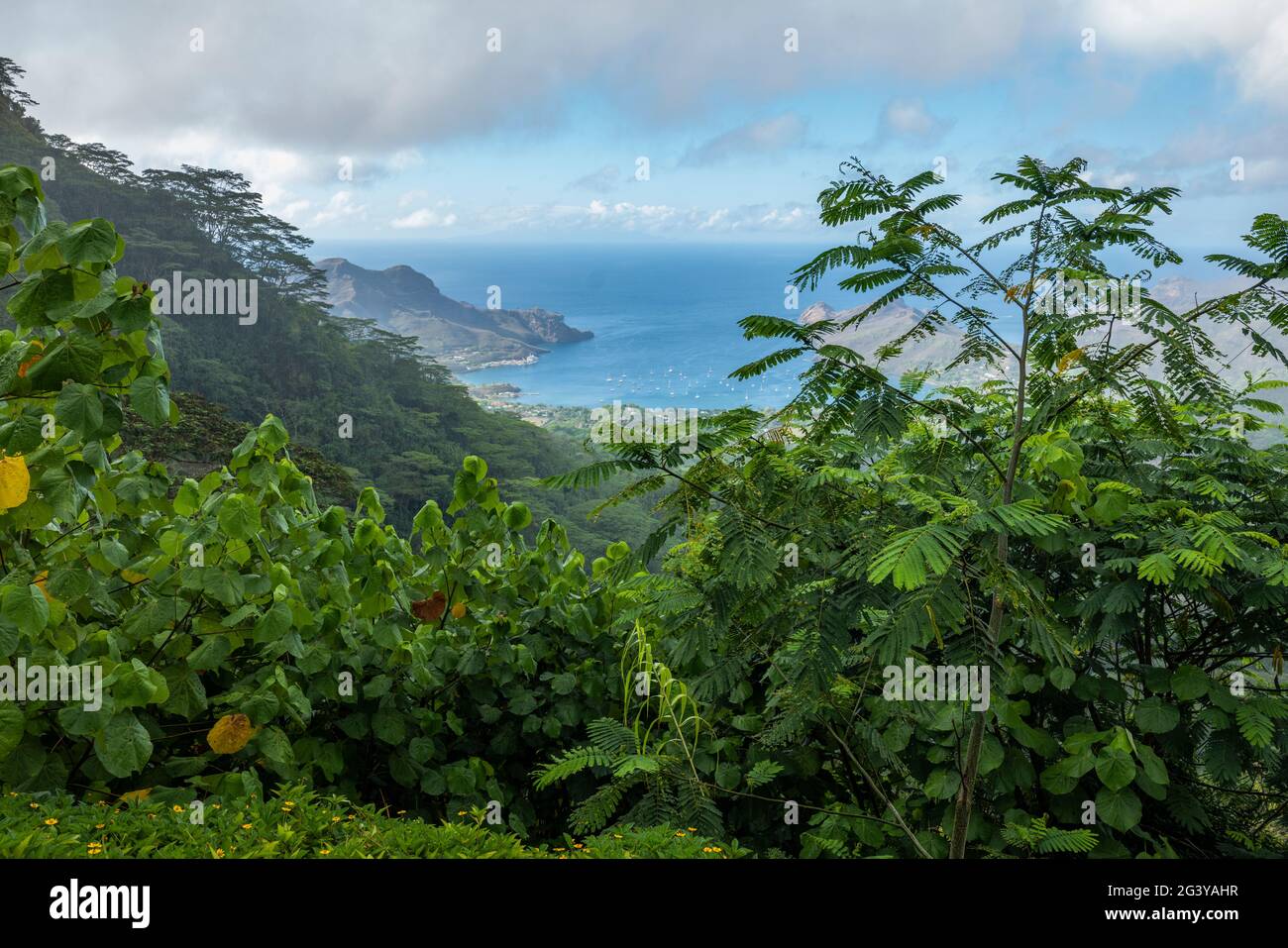 View of lush vegetation and Taiohae Bay, near Taiohae, Nuku Hiva ...