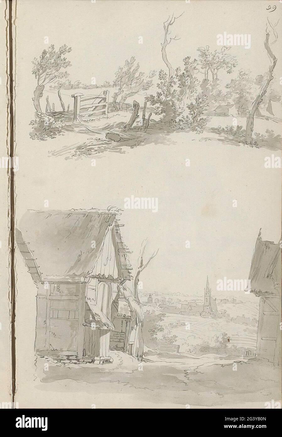 Fenced pasture and a cityscape. Leaf 12 Recto from a sketchbook with 25 ...