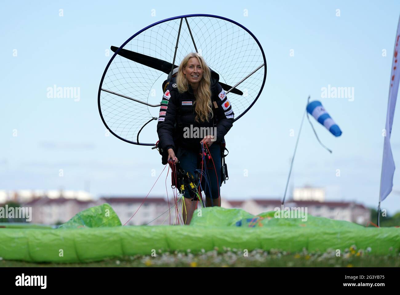 Paramotorist Sacha Dench with her adapted electric paramotor at Glasgow ...