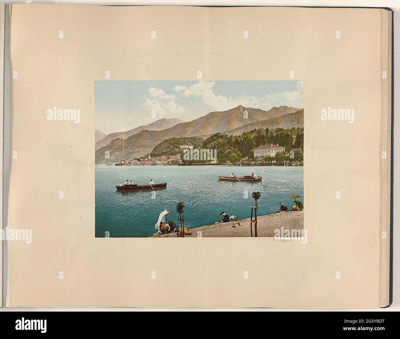 Beach at Bellagio with rowers and washing women to Lake Como; Bellagio ...