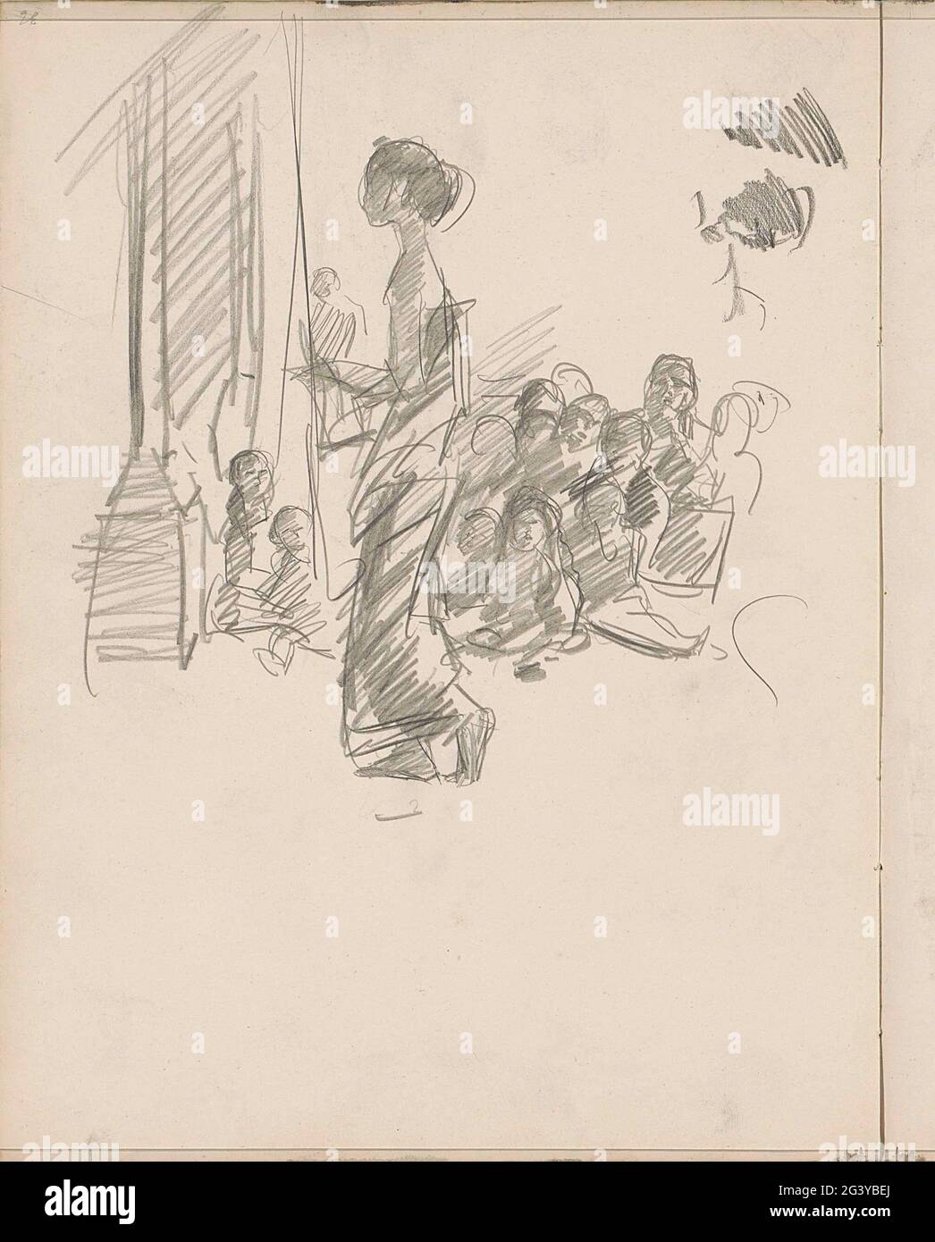 Standing woman in front of sitting figures. Children are under the ...