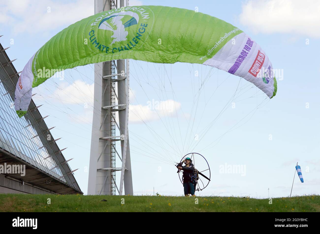 Paramotorist Sacha Dench with her adapted electric paramotor at Glasgow ...
