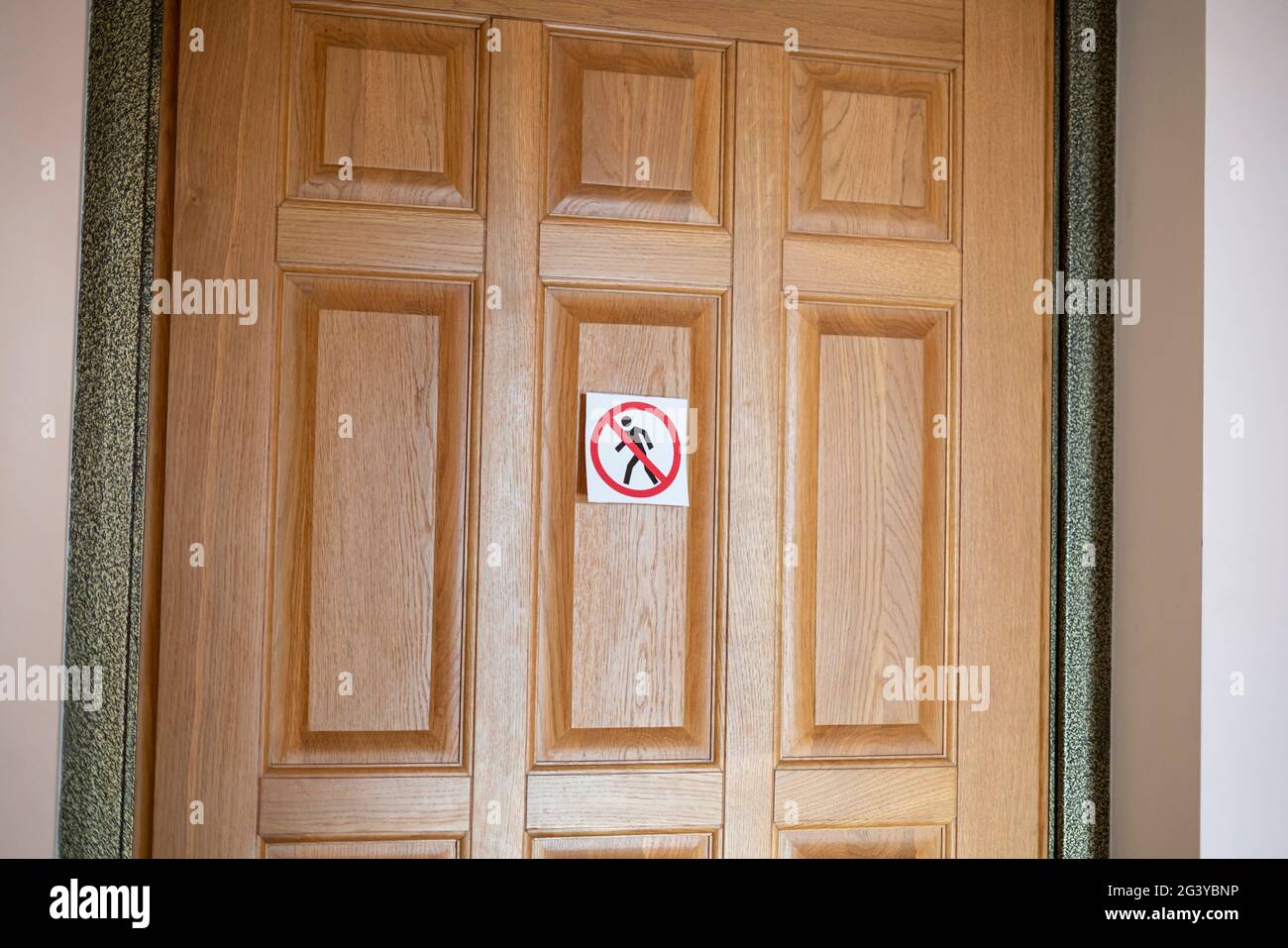 prohibited to pass, no go zone area symbol sticker on the door Stock ...