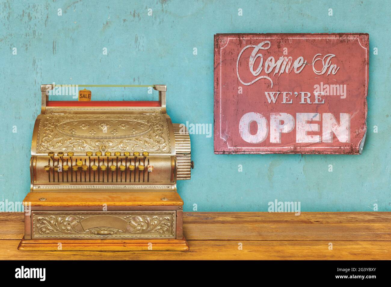 Store concept with cash register and sign come in we are open Stock ...