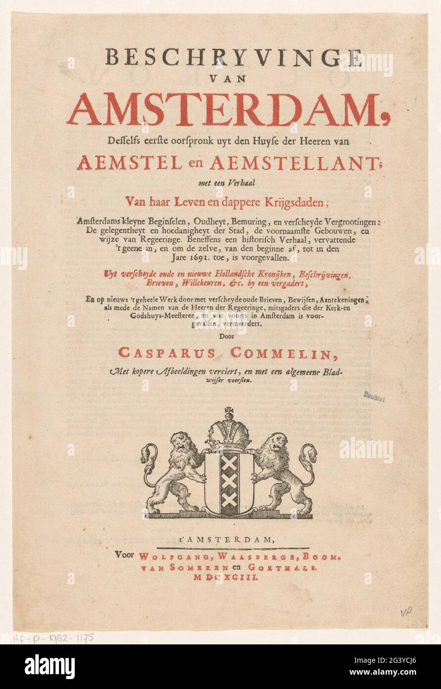 Coat of arms of Amsterdam; Title page for: Casparus Commelin ...