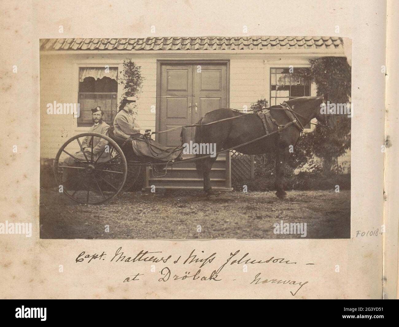 Captain Matthews and Miss Johnson in a carriage in Drøbak; Capt ...