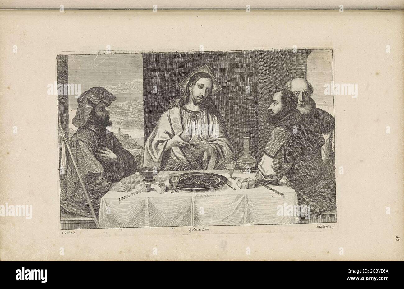 Meal in Emmaüs. Christ is sitting at the table and breaks the bread for ...