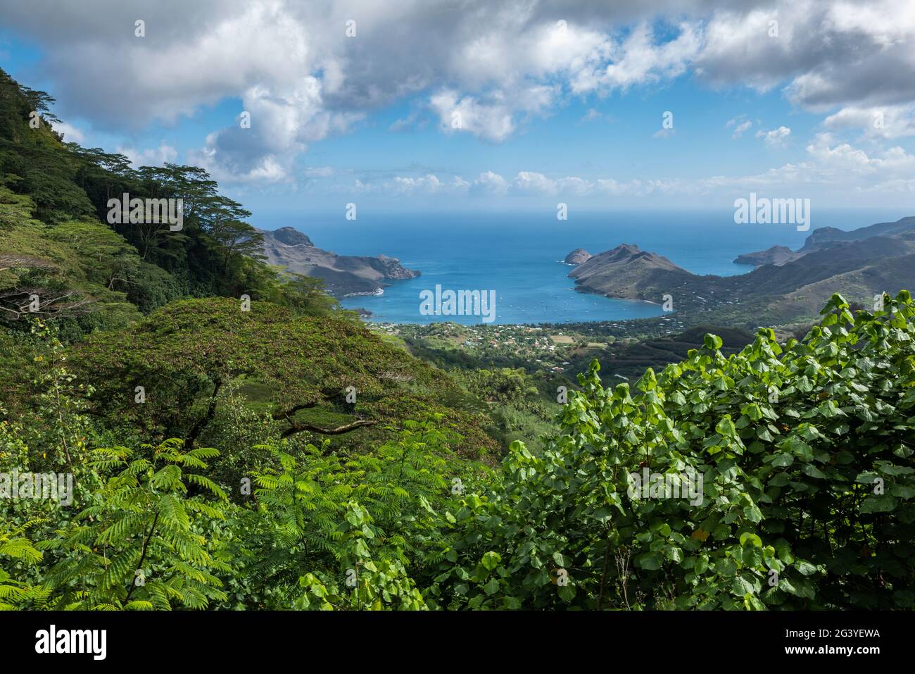 View of lush vegetation and Taiohae Bay, near Taiohae, Nuku Hiva ...