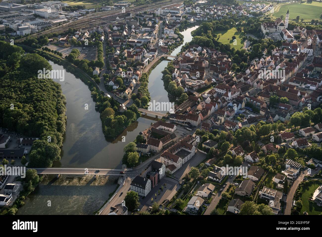 Aerial view of old town and confluence of the Danube and Wörnitz ...