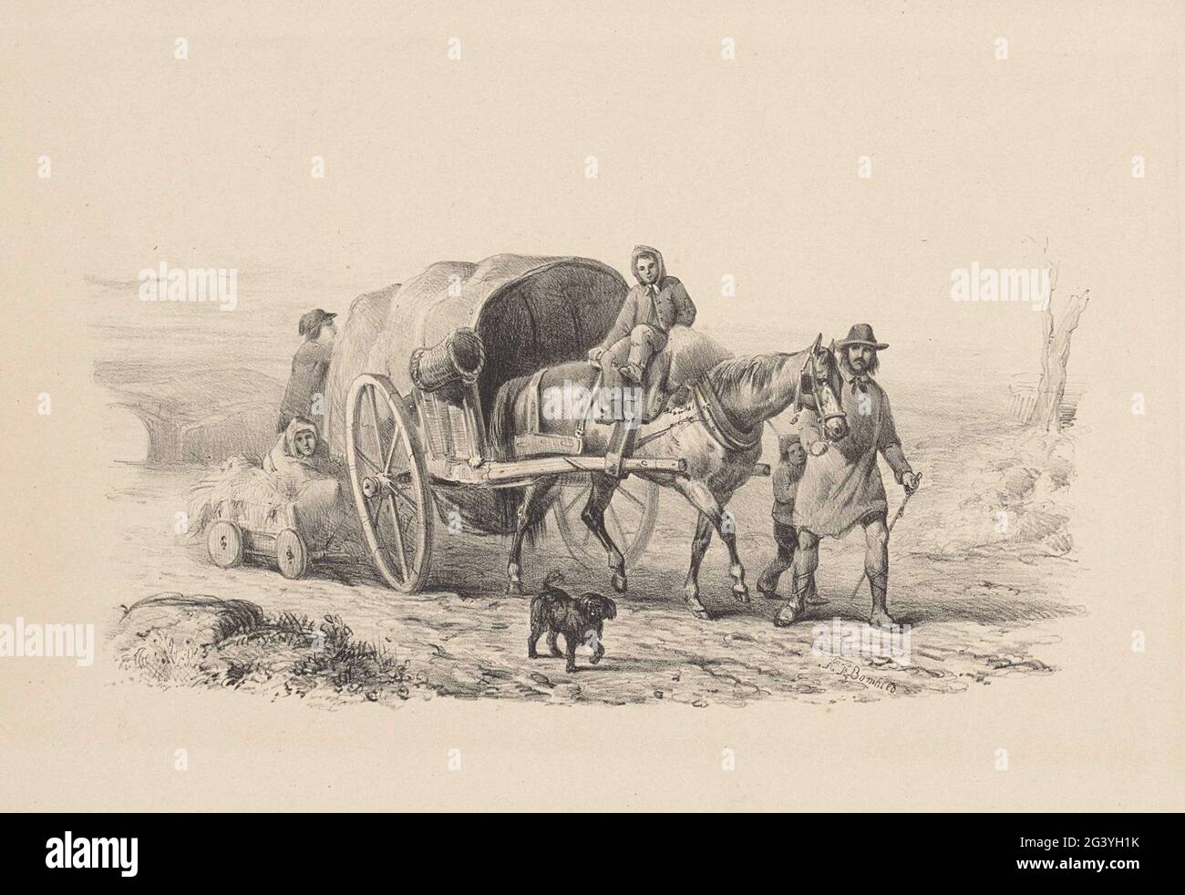 Covered wagon with family en route. The horse pulling the cart is led ...