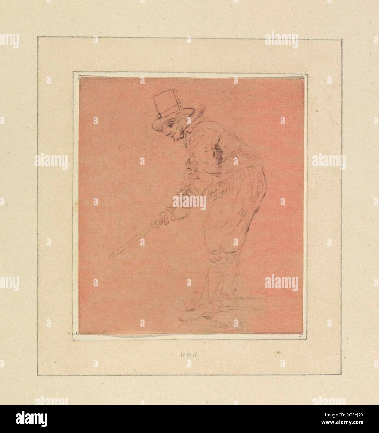 Kolf player. A man with a top hat is curved over a kolf stick in his ...