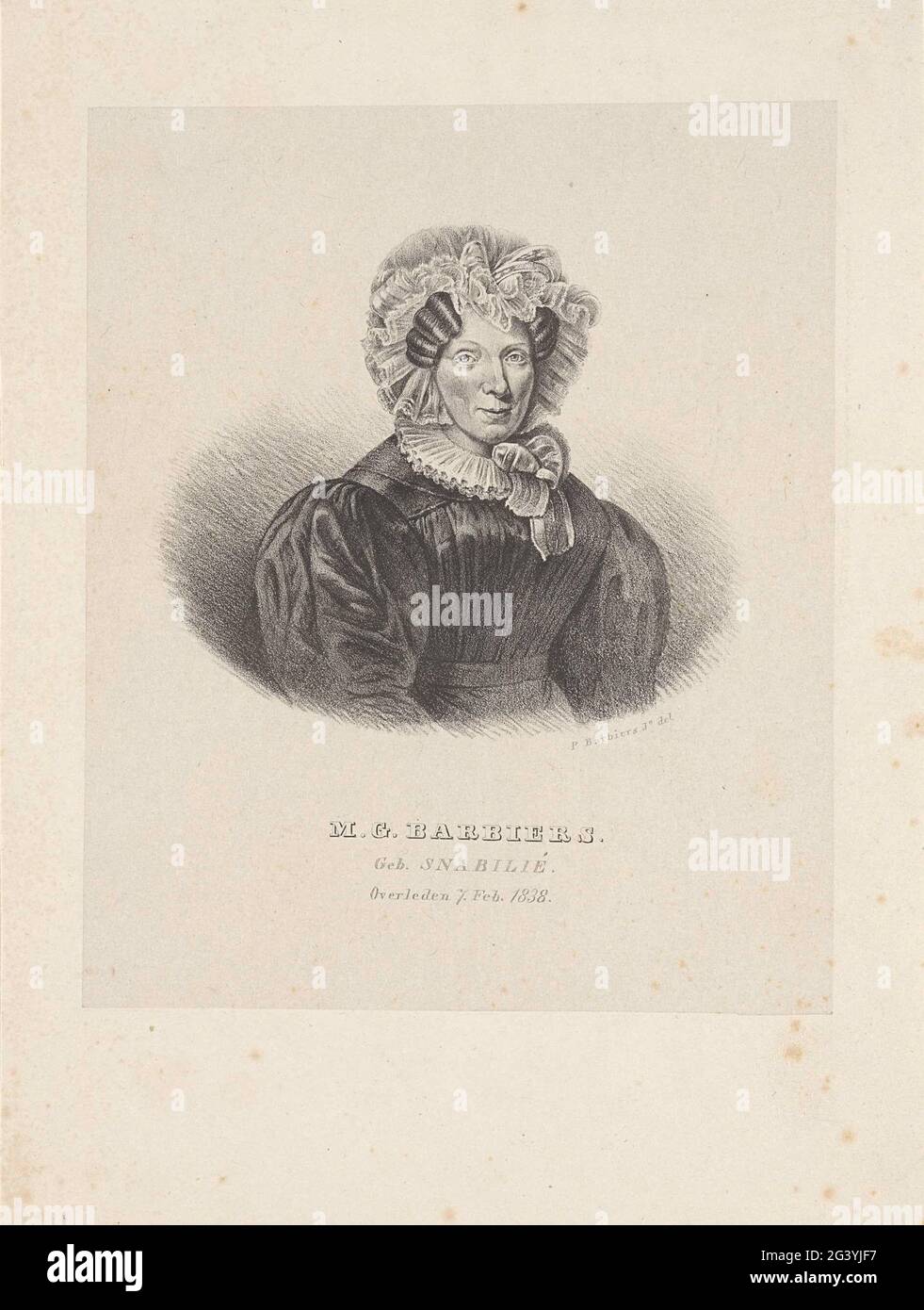 Portrait of Maria Geertruida Barbiers-Snabilié. Under the portrait the ...