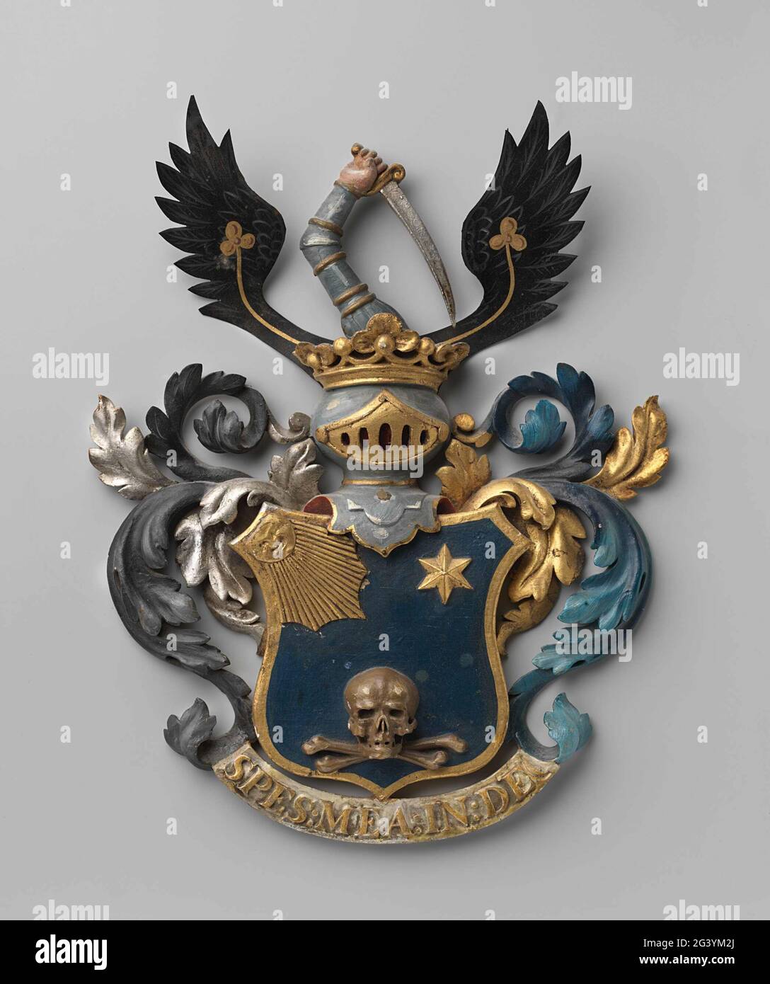 Family crest of the family de friderici. A polychrome decorated wooden ...